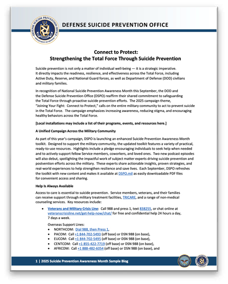 Defense Suicide Prevention Office | SP Prevention Outreach Toolkit